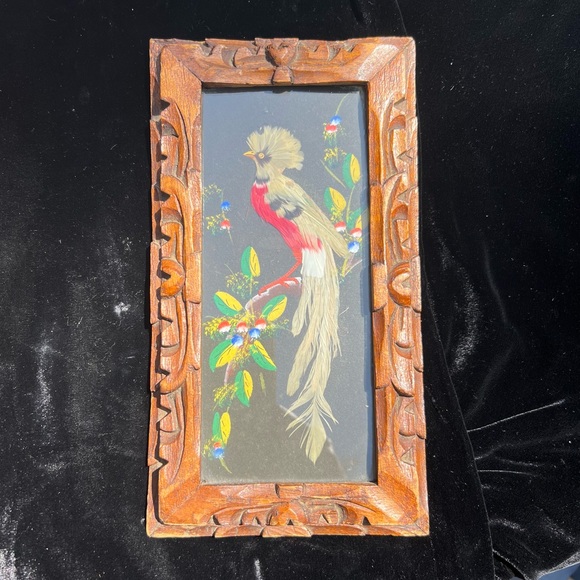 Vintage | Art | Vintage Feather Bird In Ornate Carved Wood Frame ...